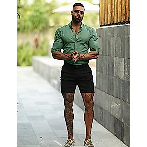 URRU Men's Muscle Dress Shirts Slim Fit Stretch Long Sleeve Casual Button Down Shirt Light Army Green L