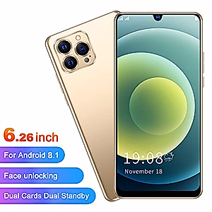Yunseity IP12 PRO Unlocked Android Smartphone,6.26in Full Screen Dual SIM Cell Phone,Face Recognition Unlocked Android Smartphone(Gold)