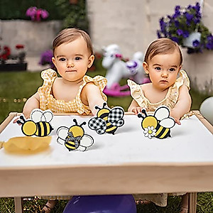 WATINC 4PCS Bee Tiered Tray Decor, Summer Wooden Table Centerpiece Sign, Double-sided Bees Printed Wood Tabletop Signs, Rustic Farmhouse Table Decoration for Holiday Home Honey Party Supplies