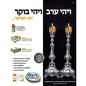 SHABBOS OIL CANDLE LIGHT. Pre-Filled (for quick lighting) Beautiful High Flame, (throughout the entire time) SEALED, NO SPIL, NO MESS, 100% Extra Virgin Olive Oil Burns Approx. 6 Hrs 22 per pack