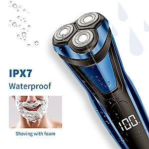Electric Razor for Men Rotary Shaver Pop-up Beard Trimmer with LCD Display and Rechargeable Cordless Waterproof Blue