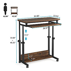 Tribesigns Portable Desk for Sofa and Bed, Height Adjustable Laptop Table Small Standing Desk Rolling Computer Cart Workstation with Keyboard Tray on Wheels for Home Office