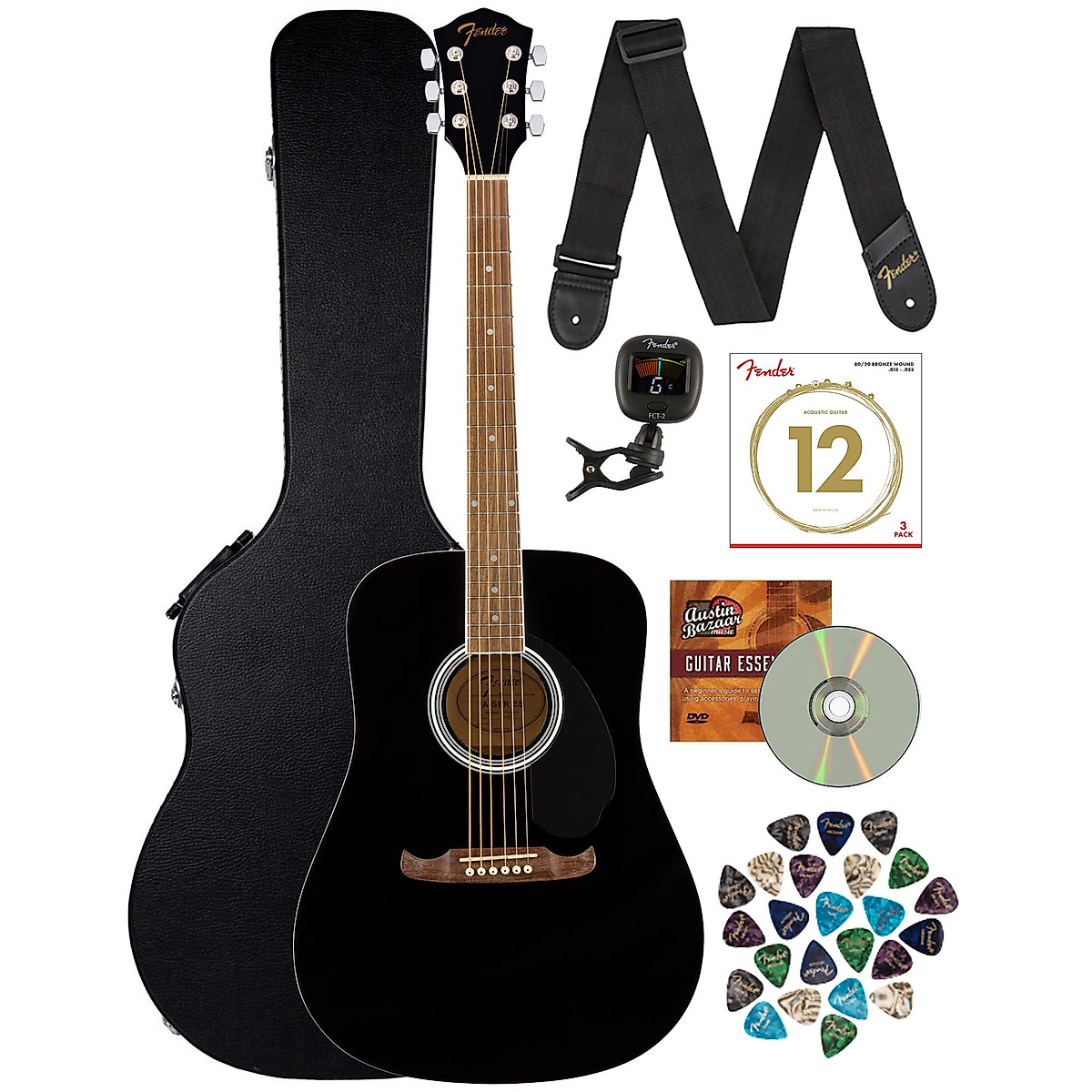 Fender FA-125 Dreadnought Acoustic Guitar - Black Bundle with Hard Case, Tuner, Strap, Strings, Picks, and Austin Bazaar Instructional DVD