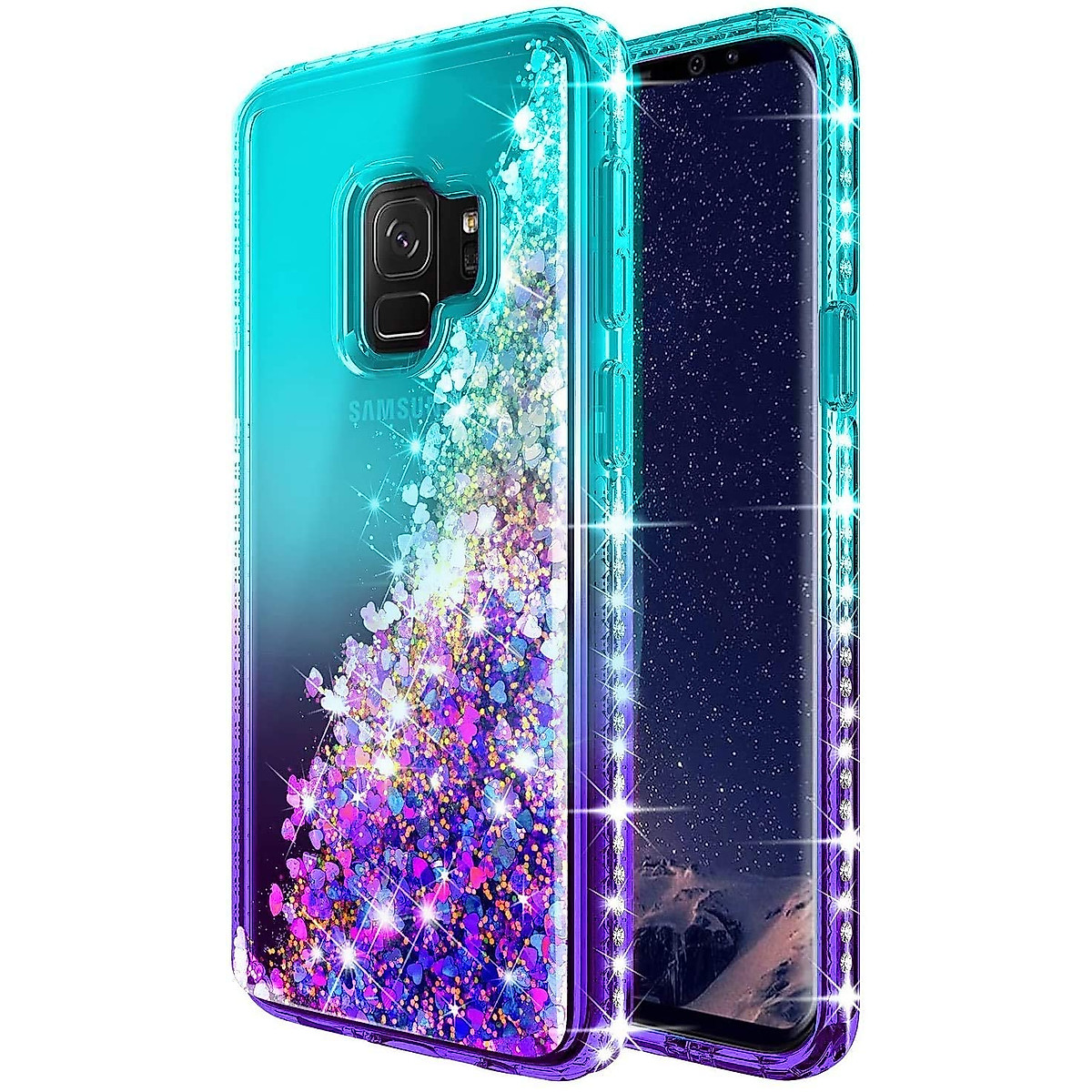 E-Began Case for Samsung Galaxy S9 with Screen Protector (Maximum Coverage, Flexible TPU Film), Ring Holder/Wrist Strap, Glitter Flowing Liquid Girls Women Kids Cute Case (Aqua/Purple)