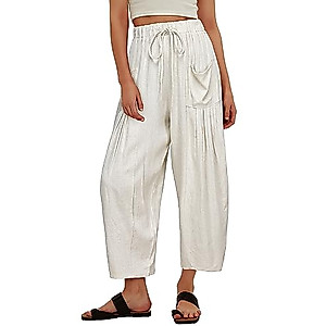 Beaully Women Linen Pants Palazzo Lounge Harem Wide Leg Pants Beach Long Trousers with Pockets 6094 Beige X-Large