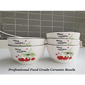 5 Pack Ceramic Bowls With Cherry Pattern, 4.64" x 2.36" Porcelain Bowls, Salad Bowls Ramen Bowls for Kitchen Restaurant Serving Bowls, Large Capacity Ceramic Bowls, Dishwasher Safe & Microwave Safe