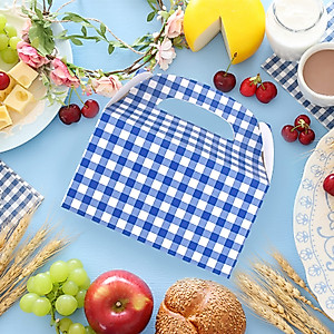 Blue and White Gingham Treat Boxes 24 Pieces Candy Gable Boxes Goodies Boxes Cardboard Present Boxes with Handles for Birthday Party Family Dinner Picnic Barbecue Father's Day Party