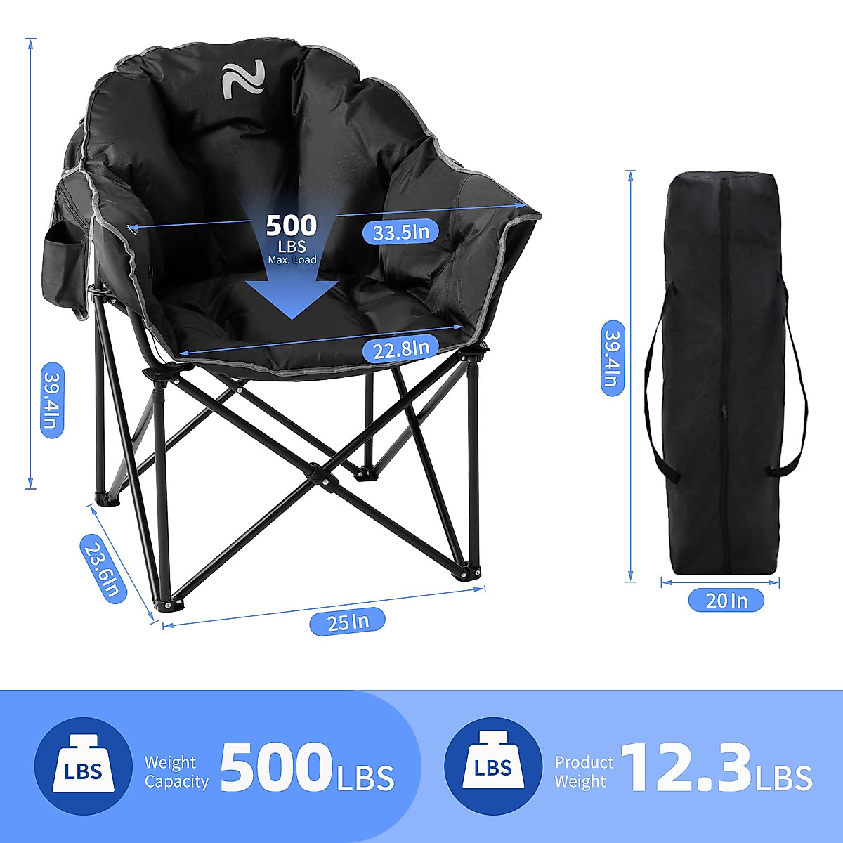 Barbella Oversized Heated Camping Chair, Padded Camp Heated Chairs Round Moon Saucer Folding Lawn Chair Outdoor Chair, Portable Folding Camping Chair for Lounge Patio