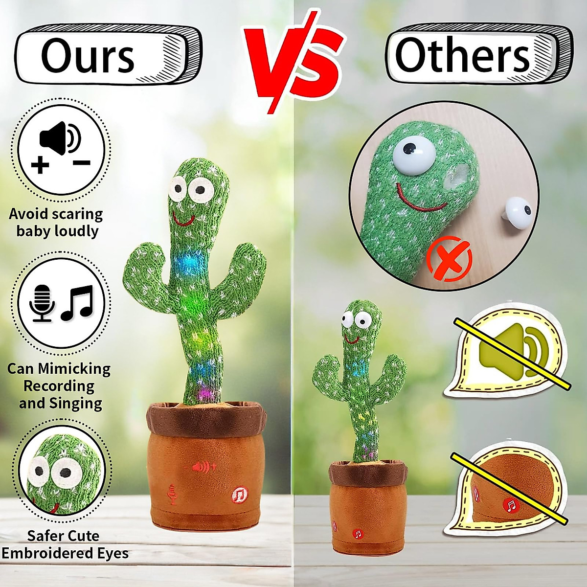 MIAODAM Volume Adjustable Dancing Cactus, Colorful Glowing Talking Cactus Toy, Repeating What You Say Cactus Toys Singing 120 Songs Cactus Plush Eletronic Baby Toys Funny Creative Kids Toy