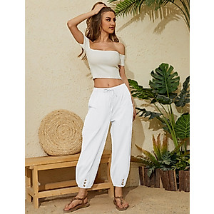 Women Capri Pants Casual Baggy Drawstring Elastic High Waist Wide Leg Cropped Pants Trousers with Pockets Summer White
