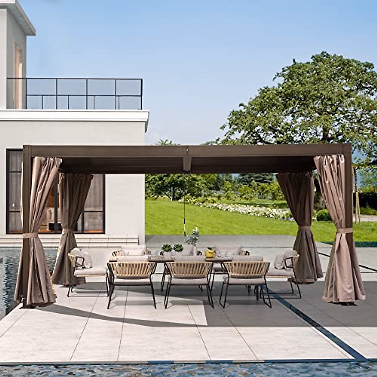 Domi Outdoor Living 12’ x 16’ Louvered Pergola with Adjustable Steel Roof, Outdoor Aluminum Frame Rainproof Pergola for Backyard, Garden and Lawn w/Netting (Dark Brown)