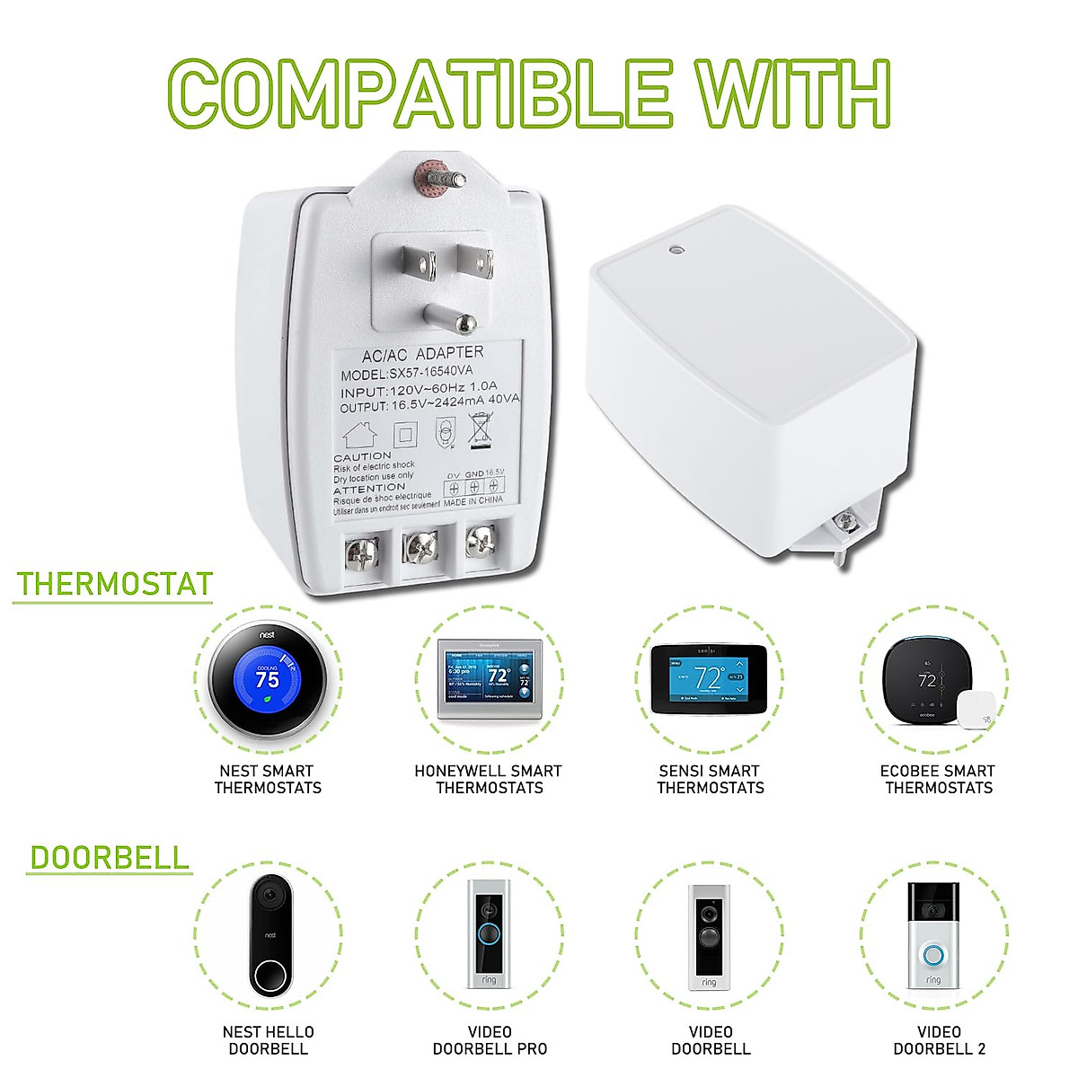 EPLZON 16.5V 40VA Plug in Thermostat and Doorbell Transformer Compatible with Nest, Ecobee, Sensi and Honeywell Thermostat and All Versions of Ring Doorbell