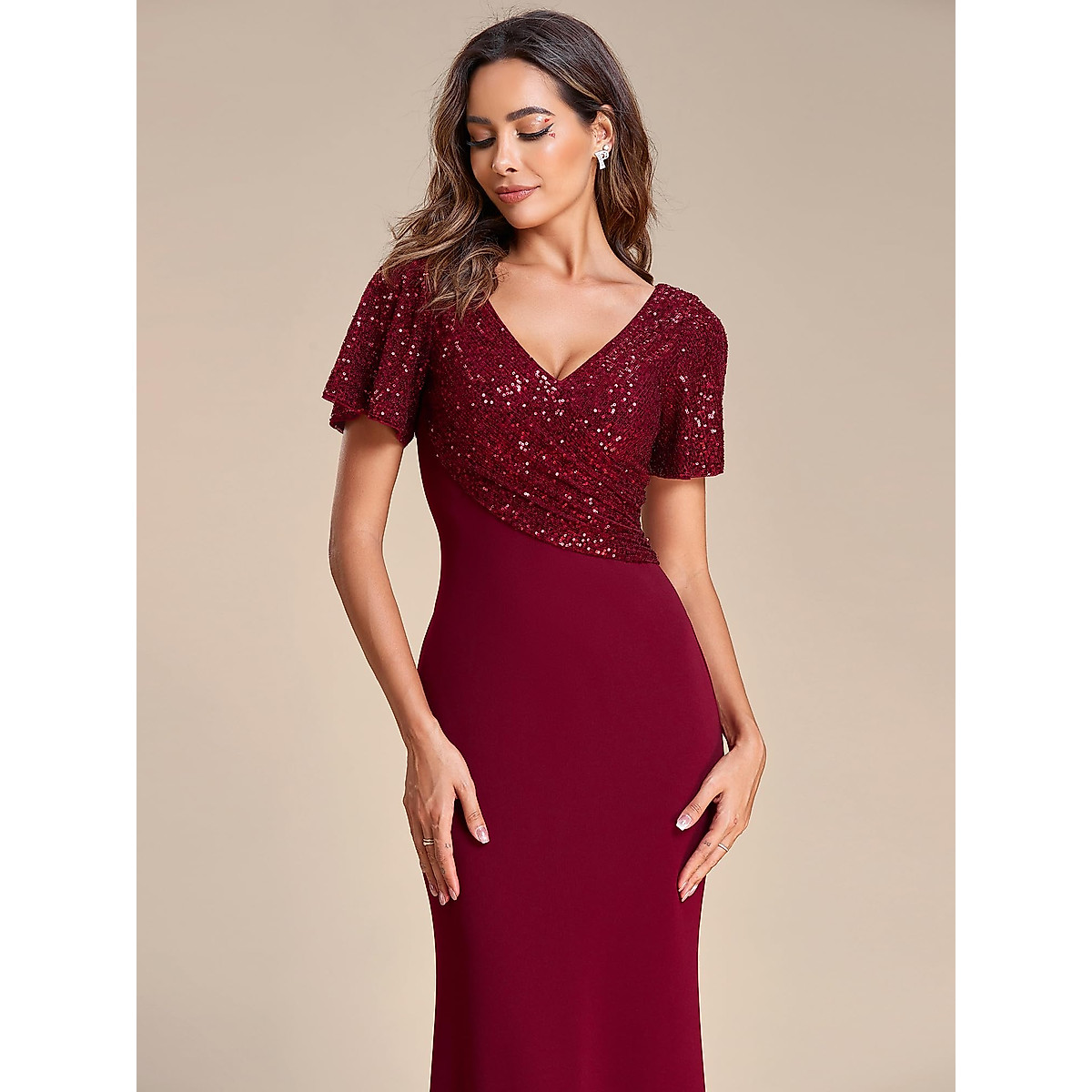 Ever-Pretty Women's Fall V-Neck Short Sleeves Sequin Top Mermaid Long Evening Party Dress Burgundy US10
