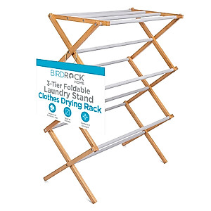 BIRDROCK HOME Wooden Clothes Drying Rack | 3-Tier Foldable Bamboo Laundry Stand | Water-Resistant, Fully Assembled, Collapsible Indoor/Outdoor Dryer for Hanging Clothes | Grey