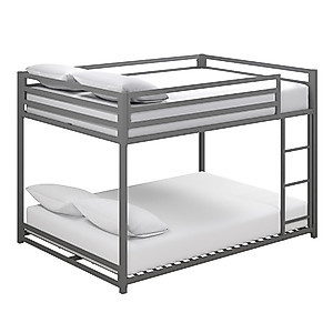 DHP Miles Low Metal Bunk Bed Frame for Kids, With Built-in Ladder, High Guardrail and Metal Slats, Floor Bed Bottom Bunk, No Boxspring Required, For Small Spaces, Full-Over-Full, Silver