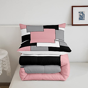 Geometric Queen Comforter for Kids Teens,Mid Century Abstract Bedding Set Modern Pink Grey Black Grey Bedding Comforter Sets for Home Room Decor Geometry Lines Striped Duvet Insert with 2 Pillowcases