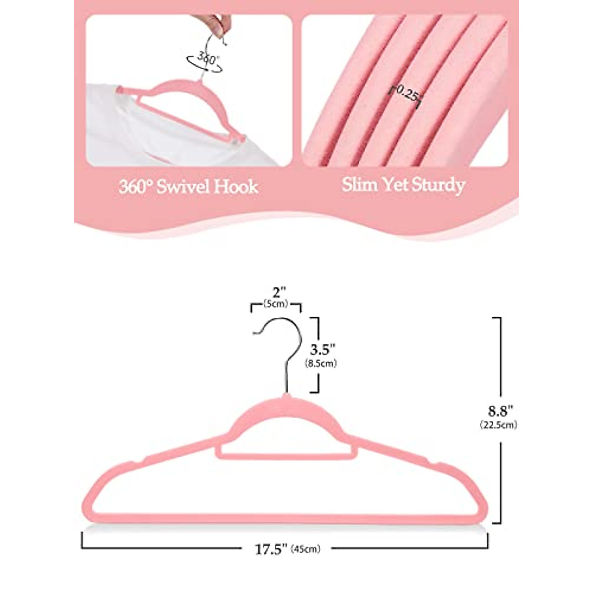 HOUSE DAY Velvet Hangers with Tie Bar 20 Pack Pink, Clothes Hangers Non-Slip, Space Saving Felt Hangers for Pants, Coat, Suits, Shirt, Scarf, No Hanger Marks