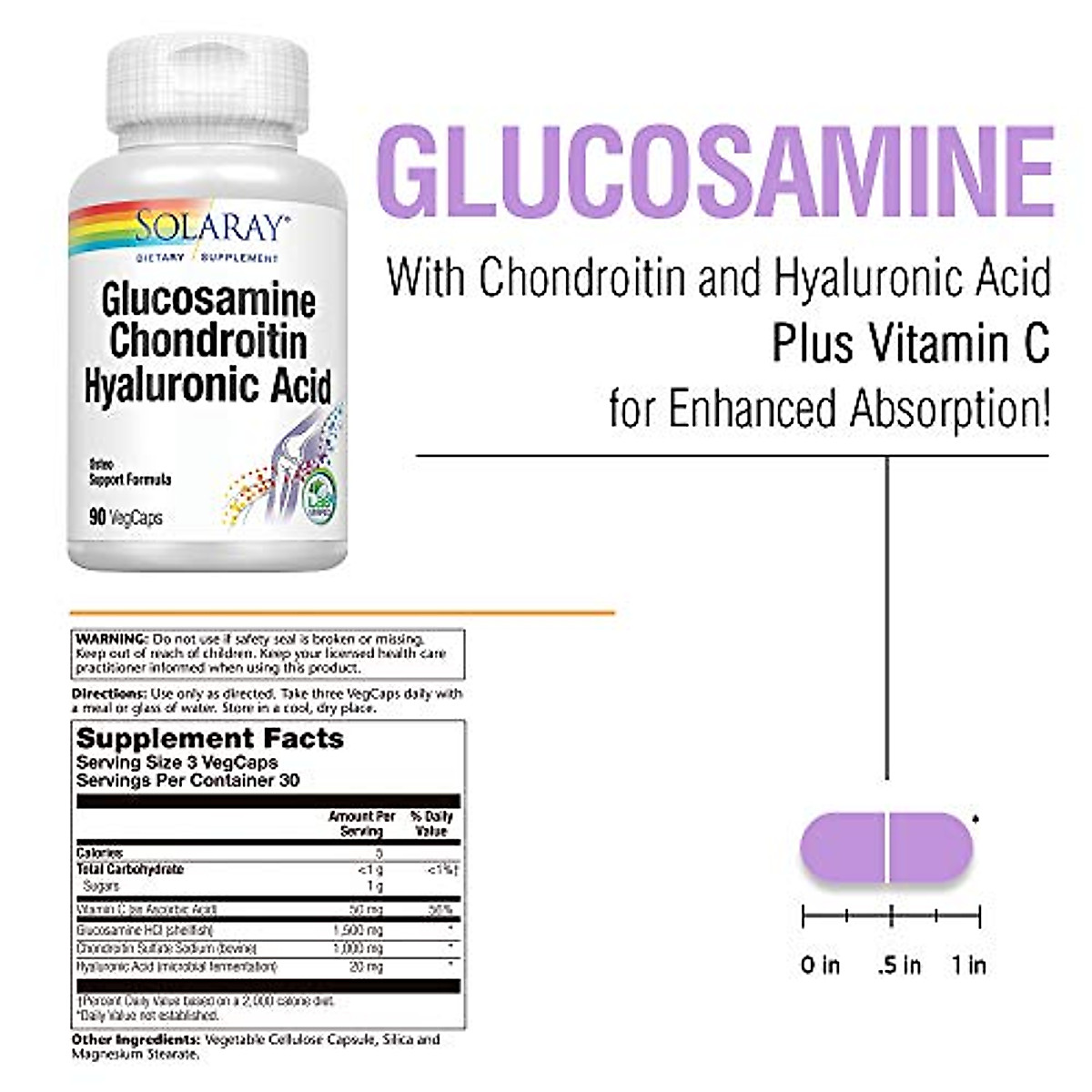 SOLARAY Glucosamine Chondroitin Hyaluronic Acid | Healthy Joint Comfort & Mobility with Vitamin C | 30 Serv, 90 VegCaps