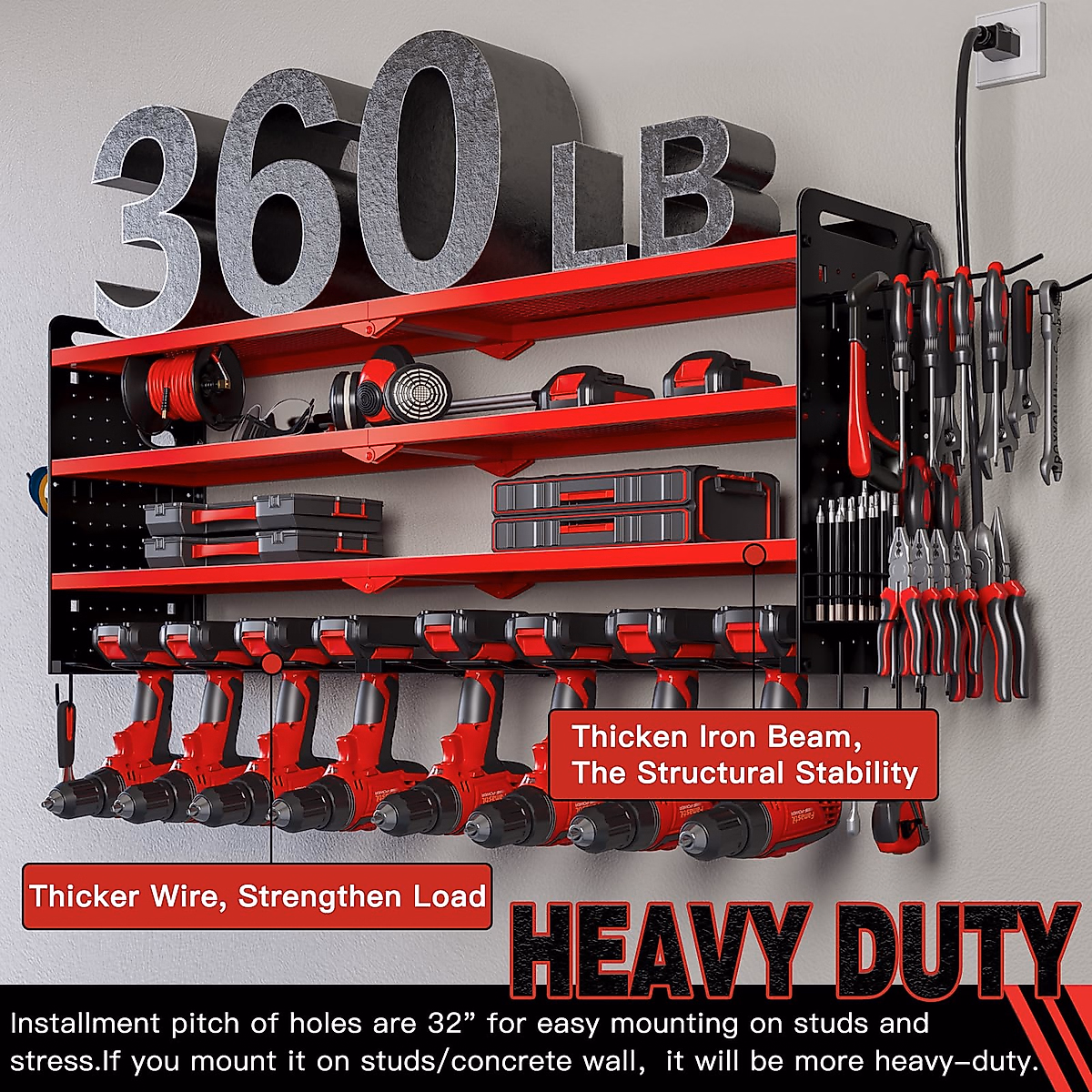 NattyDot Power Tool Organizer Wall Mount with Charging Station,Cordless Tool Organizer 8 Drill Holder, 4 Layer Storage Rack for Garage Organization,Tool Holder with 8 Outlet Power Strip (Red)