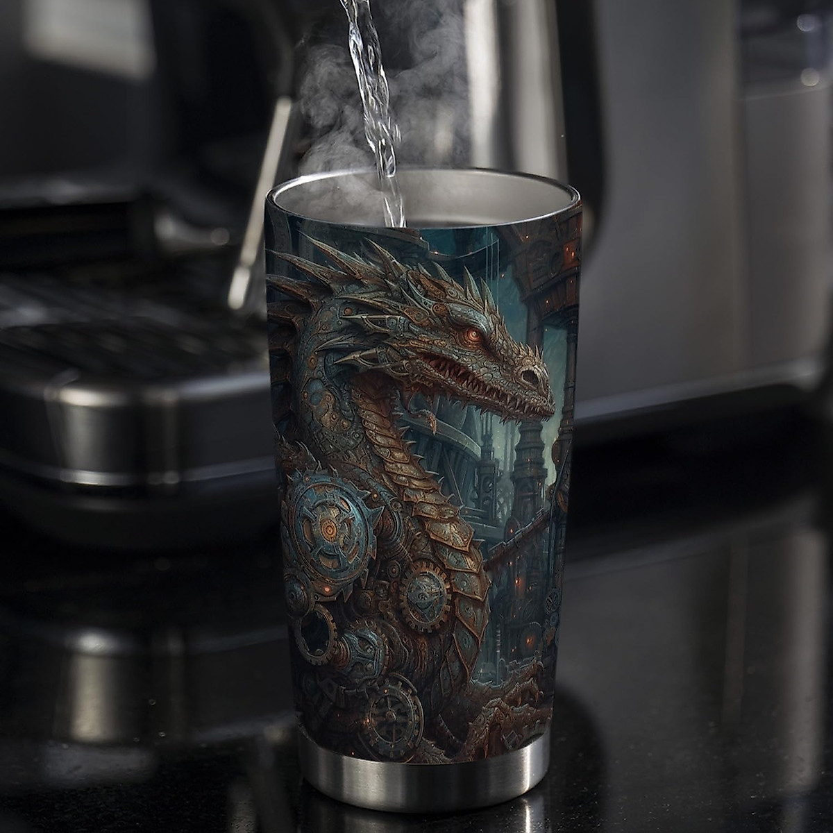 64HYDRO 20oz Steampunk Mechanical Engineer Clockwork Dragon Tumbler, Gaming, Gamer Gifts for Dragon Lovers, Stainless Steel Double Wall Vacuum Insulated Coffee Mug, Travel Cup with Lid