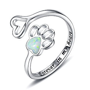 Opal Pet Lovers Paw Print Ring Heart 925 Sterling Silver Adjustable Puppy Cat Ring Animal Jewelry Love Dog Claw Ring Pets Loving Friend Families Gifts (White)