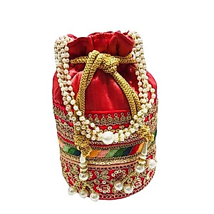Hand embroidered art silk Potli handbags for Women. For Evening outing, wedding, and party Bag Purse with Drawstring. (Pink)