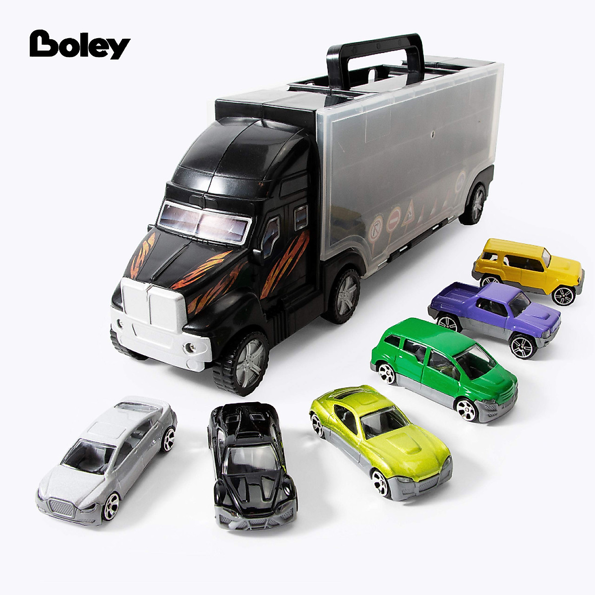 Boley Die Cast Car Truck Carrier - 14 Piece Toy Trucks, Cars, and Traffic Signs Playset for Kids and Toddler Boys and Girls Ages 3 and Up