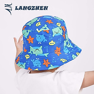 LANGZHEN Sun Protection Hat for Kids Toddler Boys Girls Wide Brim Summer Outdoor hat Baby Bucket Hat with Chin Strap (Blue-Whale, M: 1T-2T (50cm /19.7"))