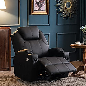 MCombo Manual Swivel Glider Rocker Recliner Chair with Massage and Heat for Adult, Cup Holders, USB Ports, 2 Side Pockets, Faux Leather 8031 (Black)