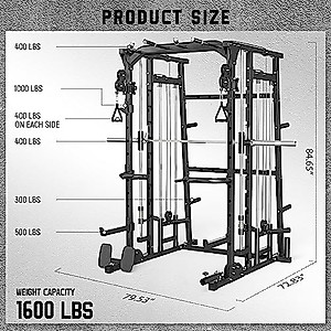 MAJOR LUTIE Smith Machine with Weight Bench, SML07 1600lbs Power Cage with Weight Bar and Two LAT Pull-Down Systems and Cable Crossover Machine, Exercise Machine Attachment Black (2023 Upgrade)