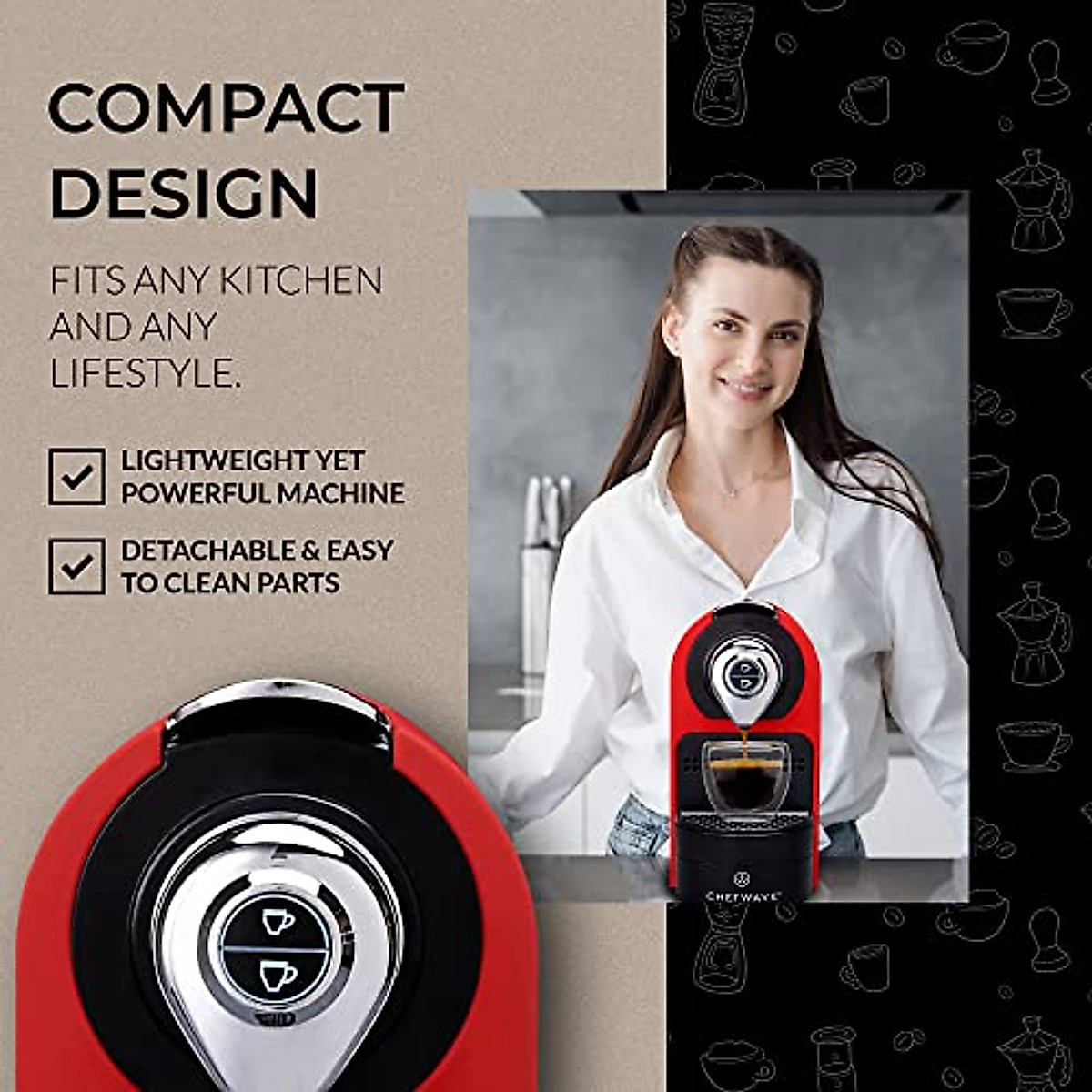 ChefWave Espresso Machine & Coffee Maker Compatible w/Nespresso Original Capsules (Red) - Programmable, One-Touch, Premium, Italian, 20 Bar High Pressure Pump with Pod Holder and Double-Wall Glasses