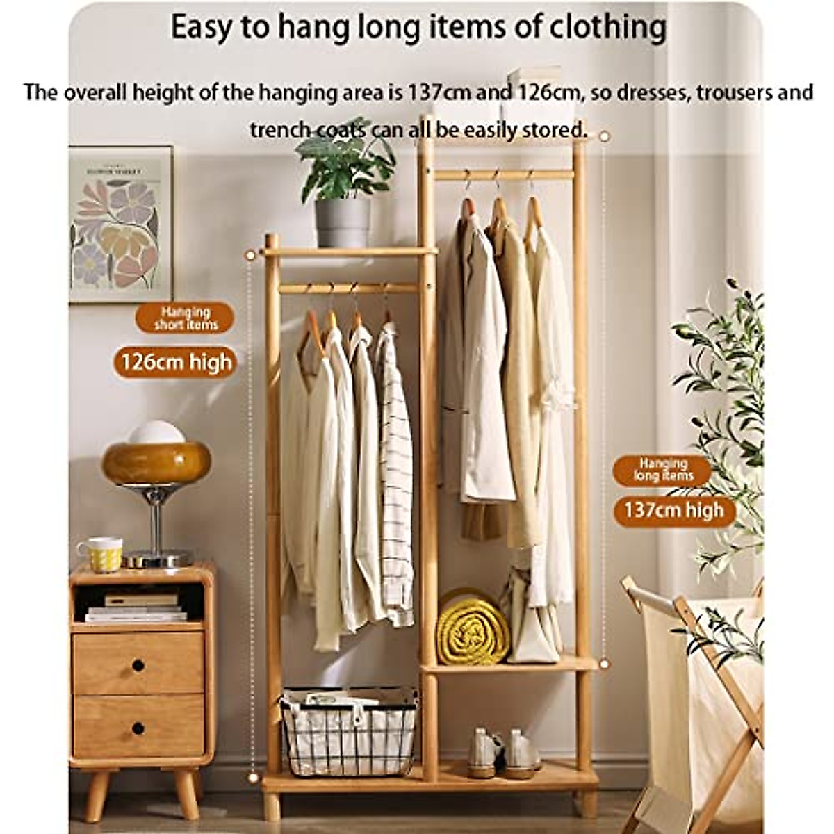 Free Standing Garment Rack with top Shelf and Shoe Clothing Storage Organizer Shelves Wardrobe Closet Organizer 100% natura rubber wood Garment Coat Hanging Heavy Duty Rack for Entryway Bed Room