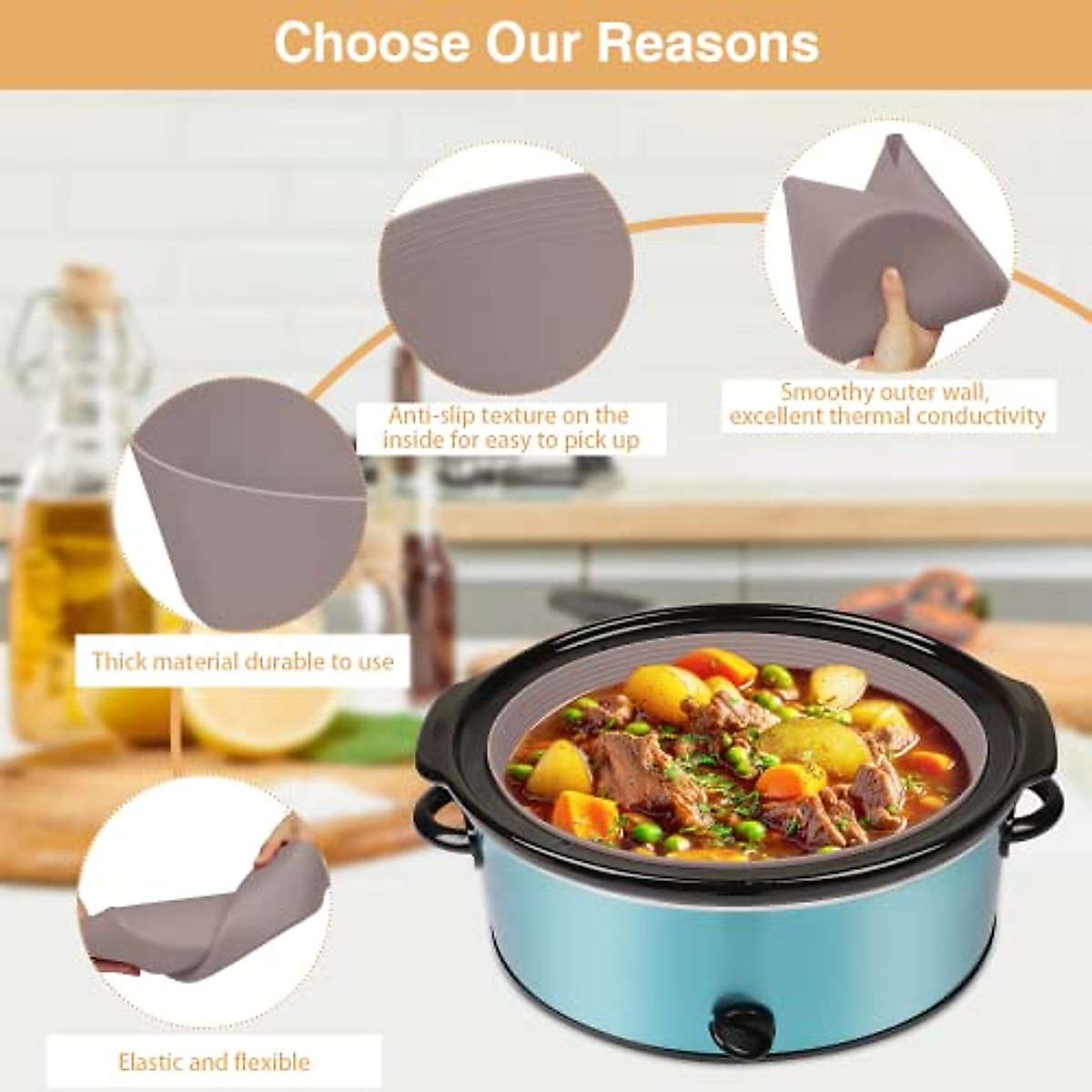 Silicone Slow Cooker Liners Fit 7-8 QT Oval Slow Cooker Crock Pot, Food Grade Silicone Crock Pot Liners Reusable & Leakproof Dishwasher Safe Crockpot Liner