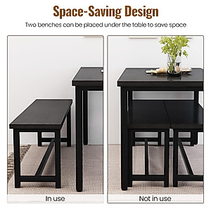 Recaceik 3-Piece Dining Table Set for 4, 43'' Dining Room Table Set with 2 Benches, Space-Saving Dinette Table with Metal Frame & MDF Board, Breakfast Table for Kitchen, Dining Room, Black