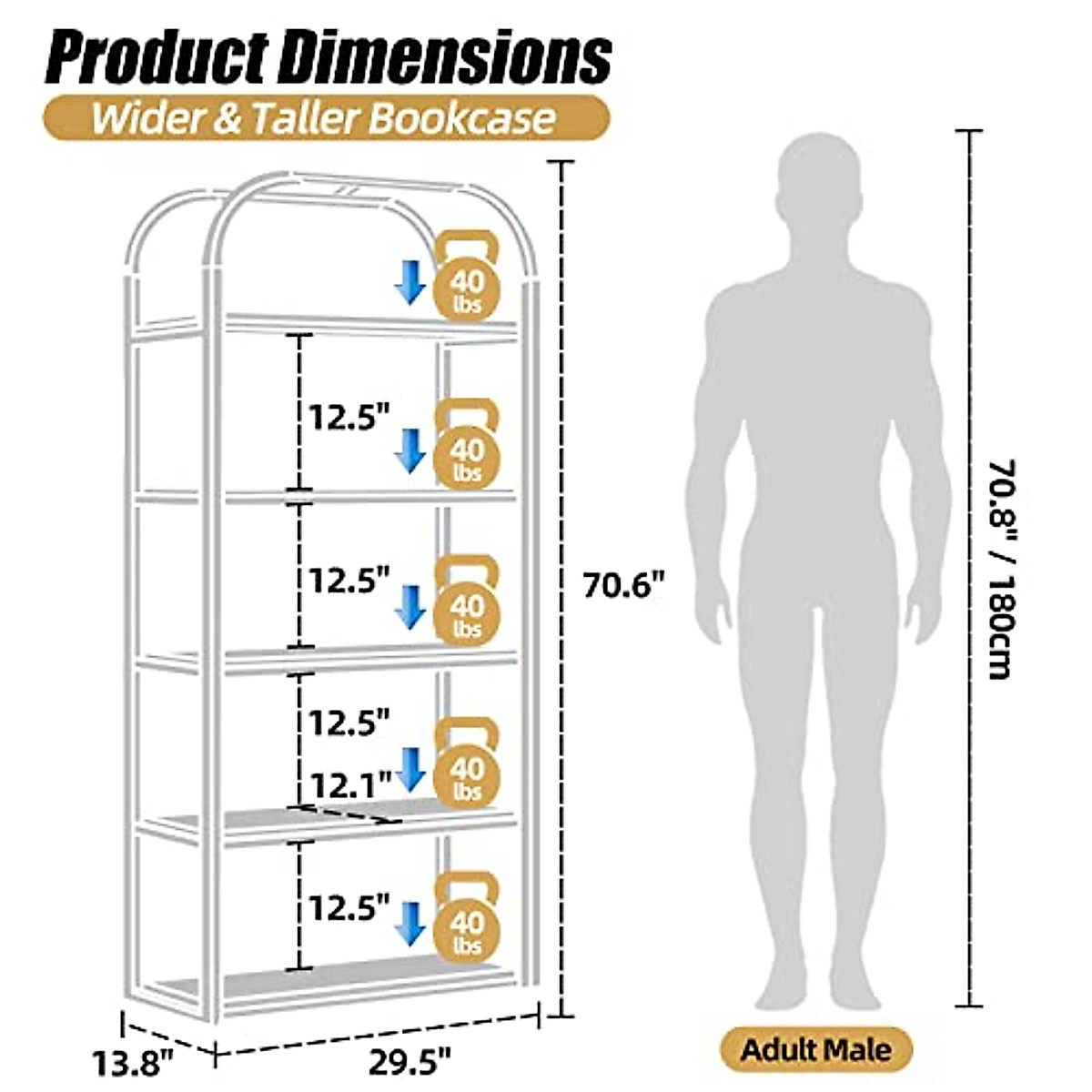 TooCust 5-Tier Gold Bookcase, 29.5" Lx70.6 H, Bookshelf for Bedroom,Gold Book Display Shelf, Arched Bookcase, Organizer Rack for Living Room, Gold Freestanding Display Shelf,White and Gold Bookshelf