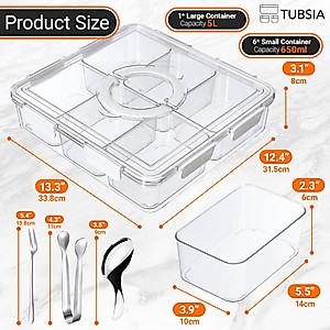 TUBSIA Large Divided Serving Container with Lid and Handle, Snack Organizer, 6 Removable Compartments - Veggie and Fruit Tray, Snack Box, Charcuterie Container