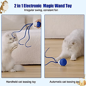 Petcronies Cat Wand Toy, Automatic Silicone Tail Teaser Toy 2 in 1, Electronic Interactive Toy for Indoor Cats, Rechargeable Exercise Toy for Kitten-Navyblue
