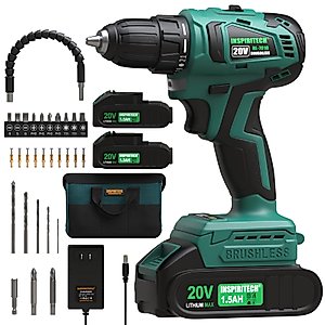 INSPIRITECH 20V Cordless Drill, Brushless Power Drill Set with 2 Batteries and Charger,3/8-Inch Chuck Electric Drill Driver,22 Torque Setting,Drill/Driver Bits and Tool Bag Included