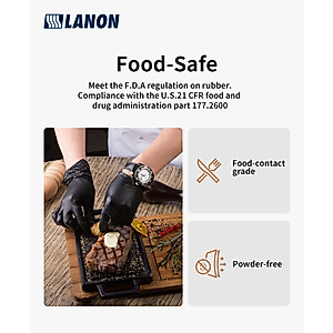 LANON 6-mil Black Nitrile Disposable Gloves, Food-Safe, Powder-Free, Heavy-Duty, Textured Fingertips, Latex-Free, XL