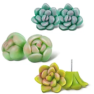 Kenning 3 Pairs Succulent Earrings Plant Earrings Handmade Succulent Jewelry Botanical Floral Stud Earrings Polymer Clay Succulent Stud Earrings Gifts for Women