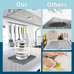 Hescred Silicone Dish Drying Mat, Compact & Portable, Eco-friendly, Easy Clean, Heat-resistant, Reusable Silicone Dish Drying Mat for Kitchen Counter, Dish Washer Safe, Small (12" x 10") Grey