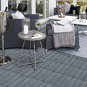 JP Outdoor 9 Pcs PE Interlocking Patio Deck Tiles, 12 x 12in 4-Slats Straight Pattern Grey Floor Covering for Patio Shower Garden Balcony