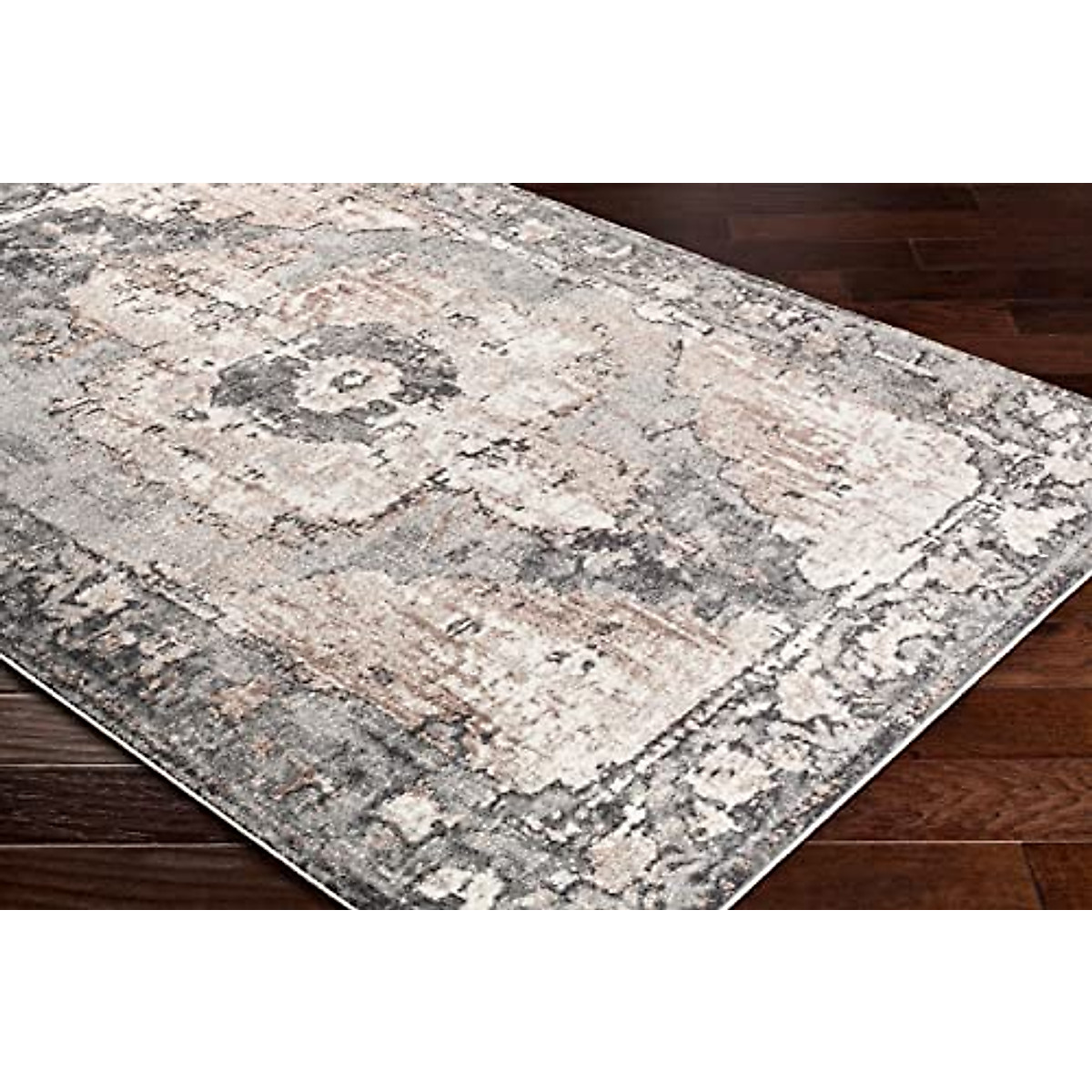 Mark&Day Area Rugs, 8ft Round Bowen Updated Traditional Charcoal Area Rug, Gray/White/Beige Carpet for Living Room, Bedroom or Kitchen (7'10" Round)