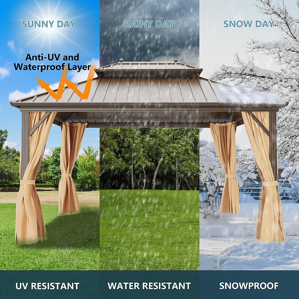 LATTOY 12'x14' Permanent Hardtop Gazebo, Outdoor Galvanized Steel Double Roof Pavilion Pergola Canopy with Aluminum Frame and Privacy Curtains for Garden Patio,Patio Backyard,Deck and Lawns