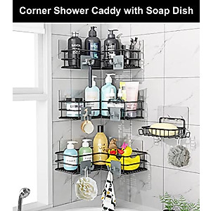 Purdaz Corner Shower Caddy Shelf Organizer with Soap Dish, Rustproof Bathroom Basket with 8 Hooks, Adhesive No Drilling, Black