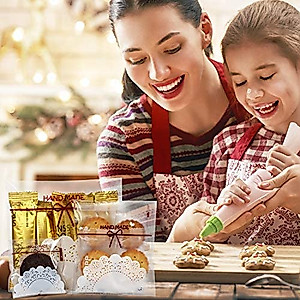 300 Counts Christmas Snowflake Candy Bags Lace Bowknot Wrappers Self Adhesive Hand Made Cookie Bags 3 Sizes Biscuit Roasting Treat Gift DIY Decorating Plastic Bags for Christmas