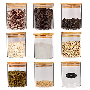9pcs Glass Jars with Airtight Bamboo Lids,17 oz 500ml Wide Mouth Clear Glass Food Storage Containers,Glass Kitchen Canisters with Labels for Coffee Bean,Candy,Tea,Spices,Nuts and More Dry Goods
