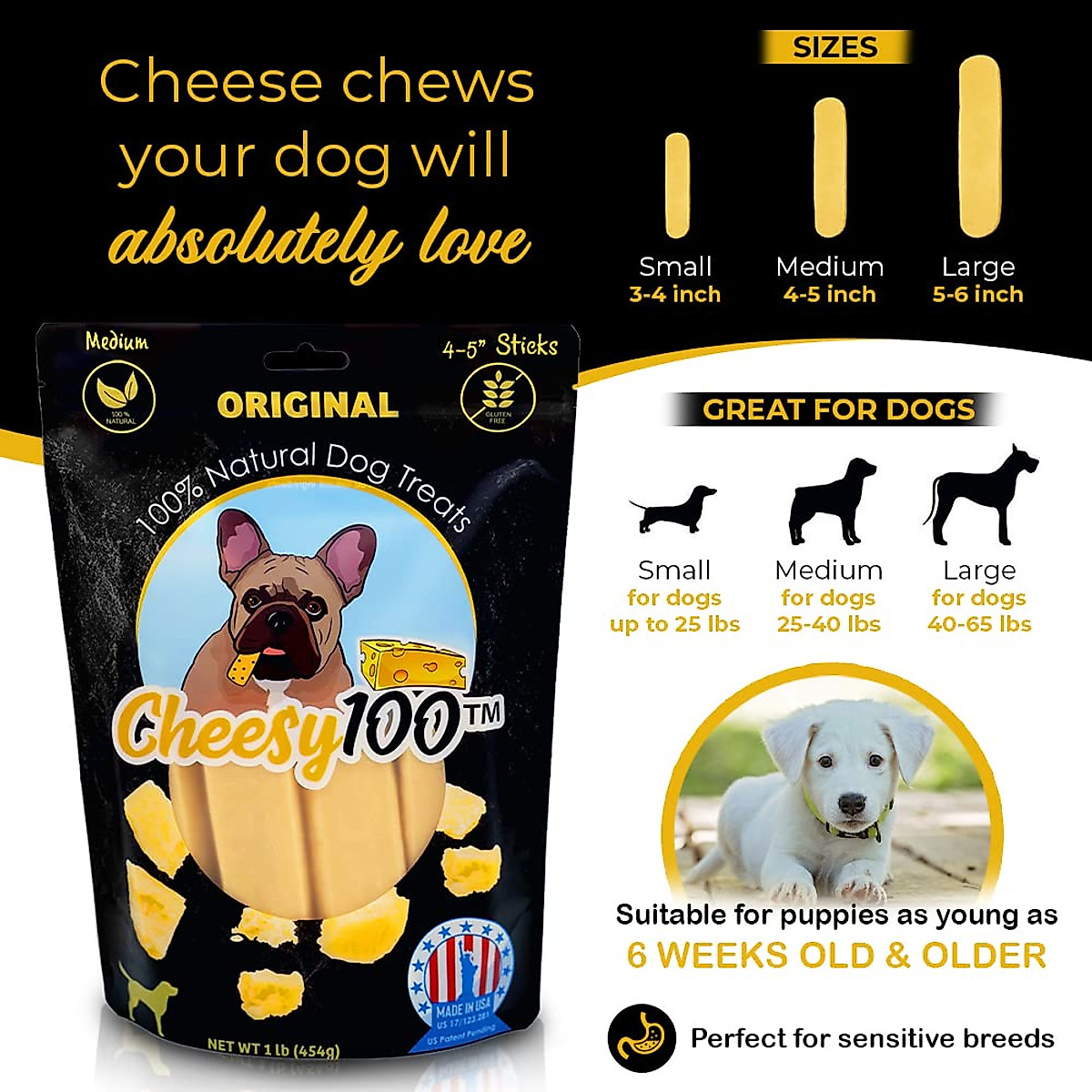 Cheesy100 Cheese Dog Chews| US-Crafted for Puppies & Dogs |6oz (3 pcs)| Softer Natural Alternative to Himalayan Dog Chews & Yak Chews| Salt & Rawhide-Free| Tastier Than Yak Cheese Himalayan Dog Chews