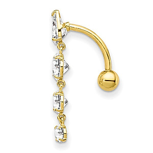Solid 10k Yellow Gold Tops Down with 4 Dangle CZ Cubic Zirconia Belly Dangle (5mm x 28mm)