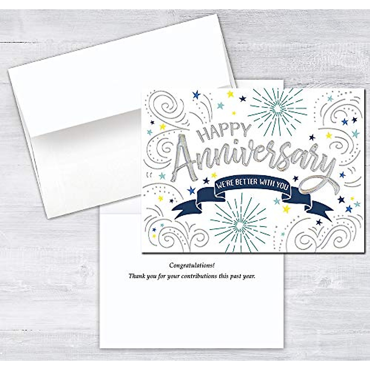 25 Employee Anniversary Cards - Confetti and Stars Design with Silver Holographic Foil Embossing - 26 White Envelopes - FSC Mix
